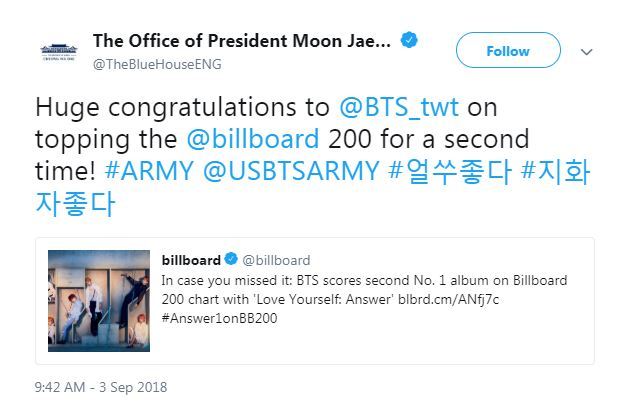 BTS commended by President Moon for Billboard success - The Korea Herald