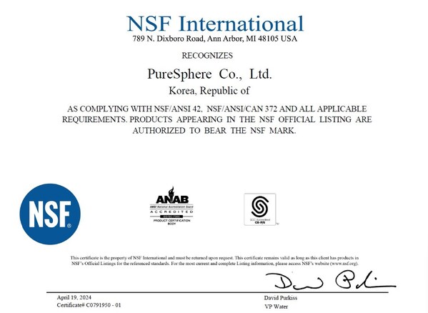 PureSphere Obtains US NSF 42/372 Certification for PureCarbon Filter M - The Korea Herald